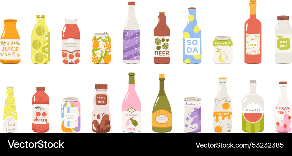 Soda drinks bottles and cans set refreshment Vector Image