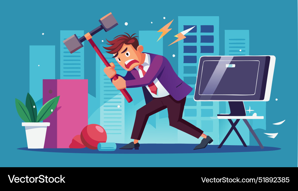 Stressed businessman smashing computer Royalty Free Vector