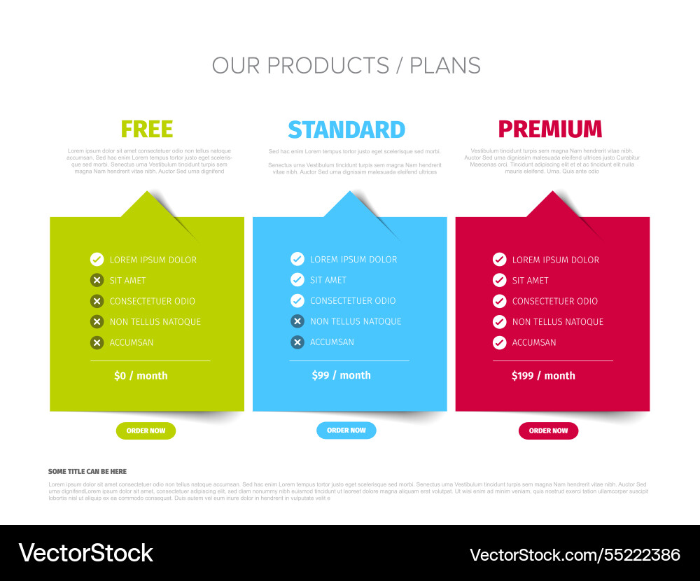 Pricing plans comparison chart with three Vector Image