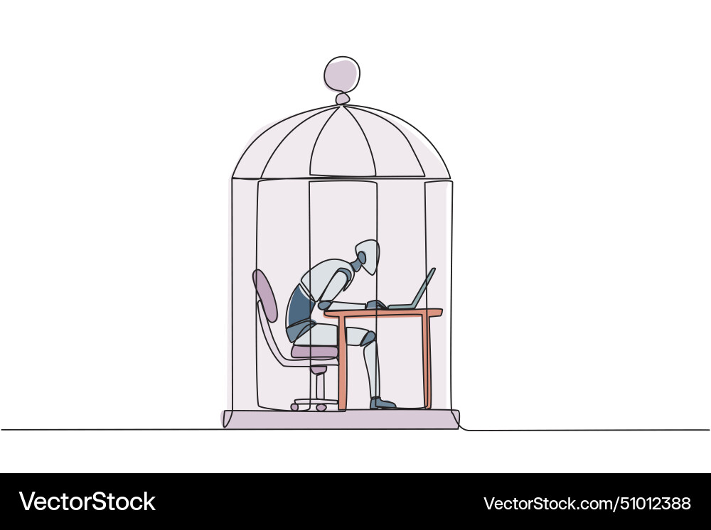 Single one line drawing robot trapped in the cage Vector Image