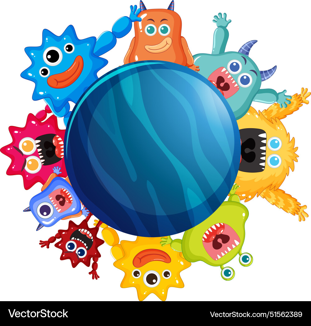 Cute monsters surrounding a blue planet Royalty Free Vector