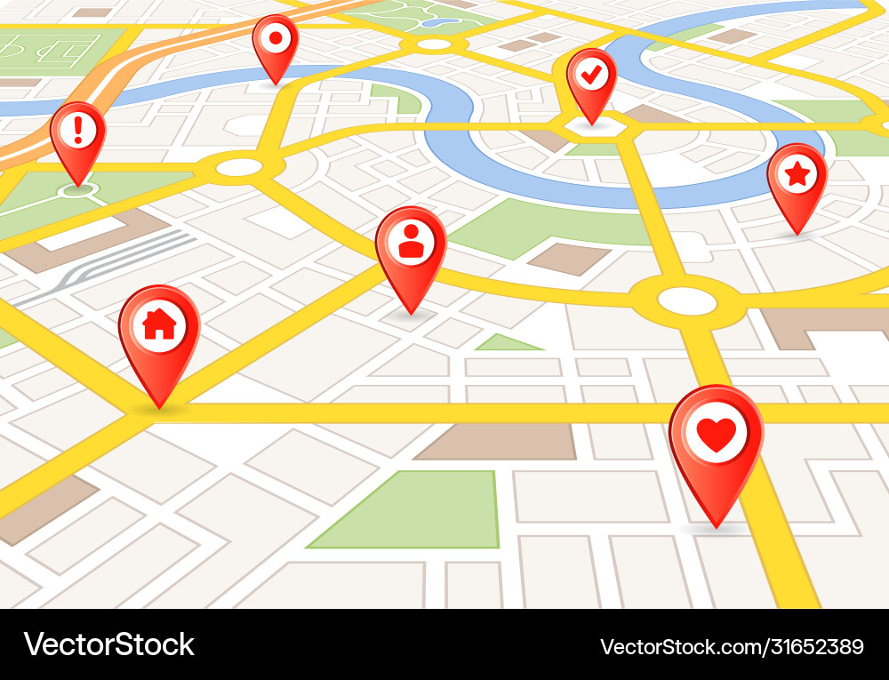 Perspective city map with markers Royalty Free Vector Image