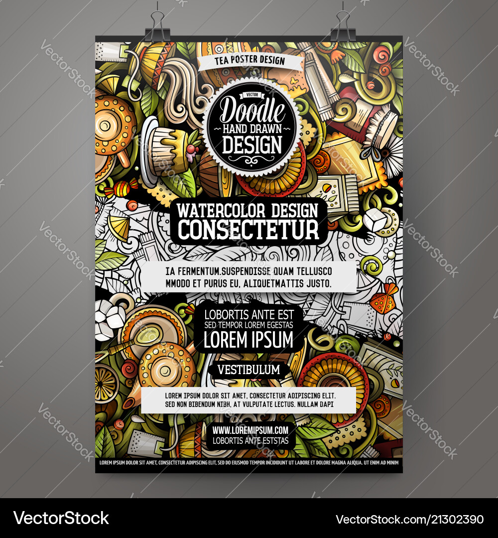 Cartoon hand drawn doodles tea poster design Vector Image