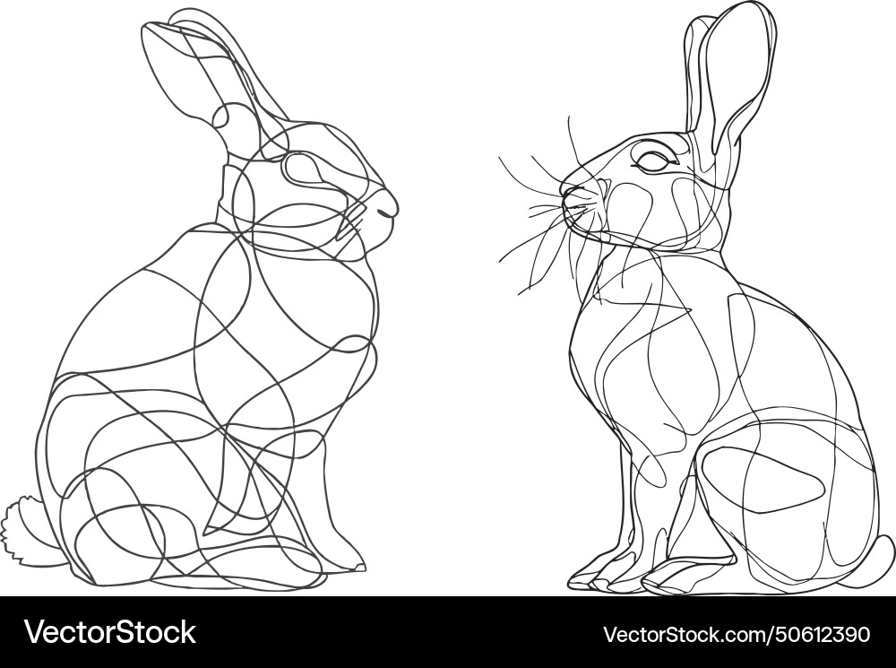 Easter bunnies one line drawing outline Royalty Free Vector
