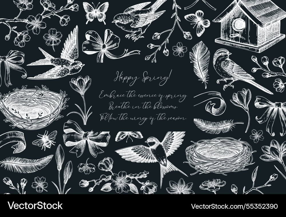 Hand-drawn spring background flying bird sakura Vector Image