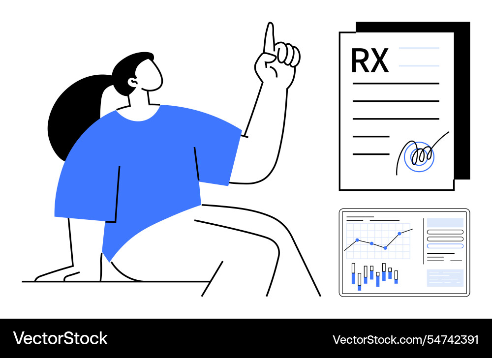 Person in blue shirt pointing upward beside rx Vector Image