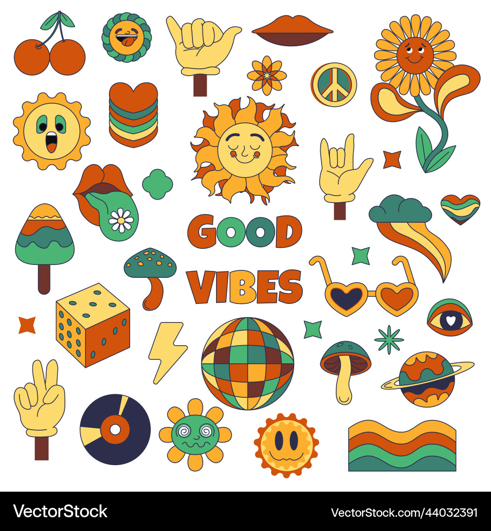 Retro Hippie Stickers - Good Vibes Royalty Free Vector Image