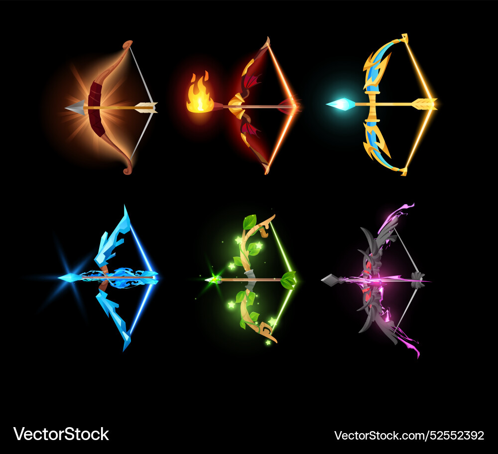 Glowing magical bow with arrow set from Royalty Free Vector
