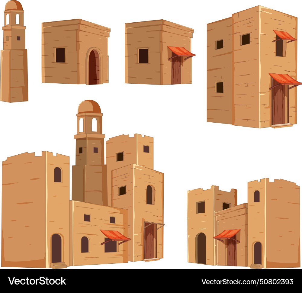 Collection of stylized desert buildings in format Vector Image