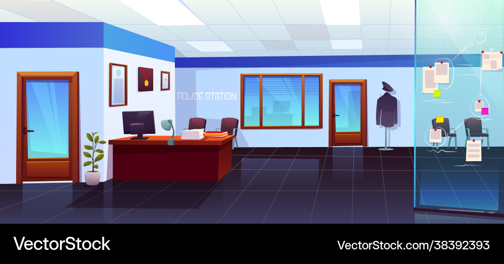 Police station room interior with evidence board Vector Image