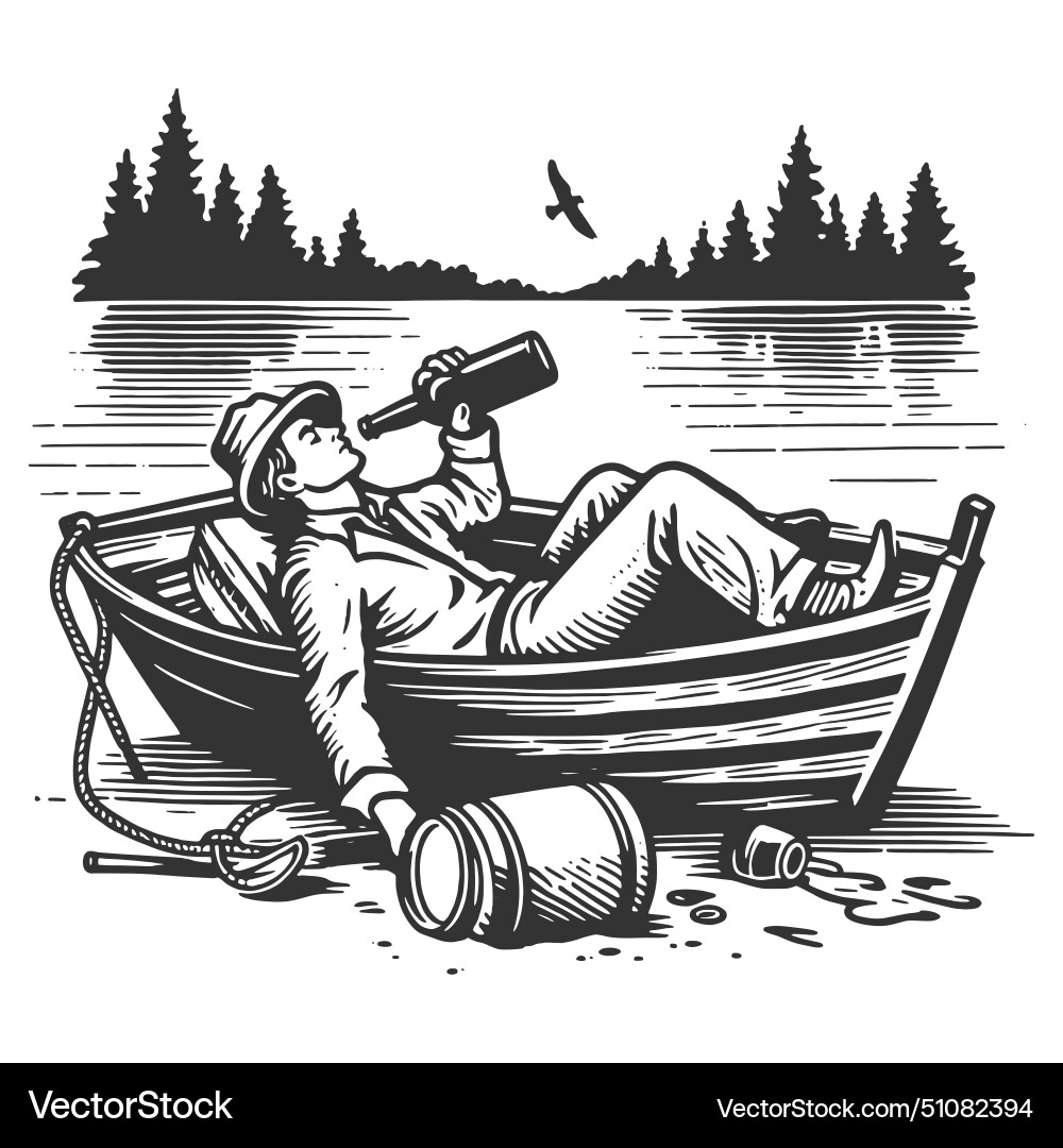 Man relaxing in boat with bottle engraving Vector Image