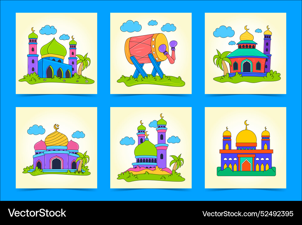 Hand drawn cute cartoon islamic mosque collection Vector Image
