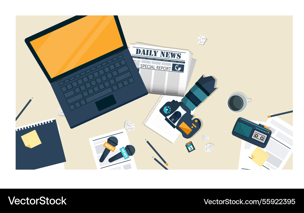 Journalism desk top view Royalty Free Vector Image