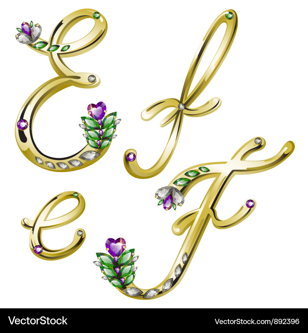 Gold alphabet with diamonds and gems letters ef Vector Image