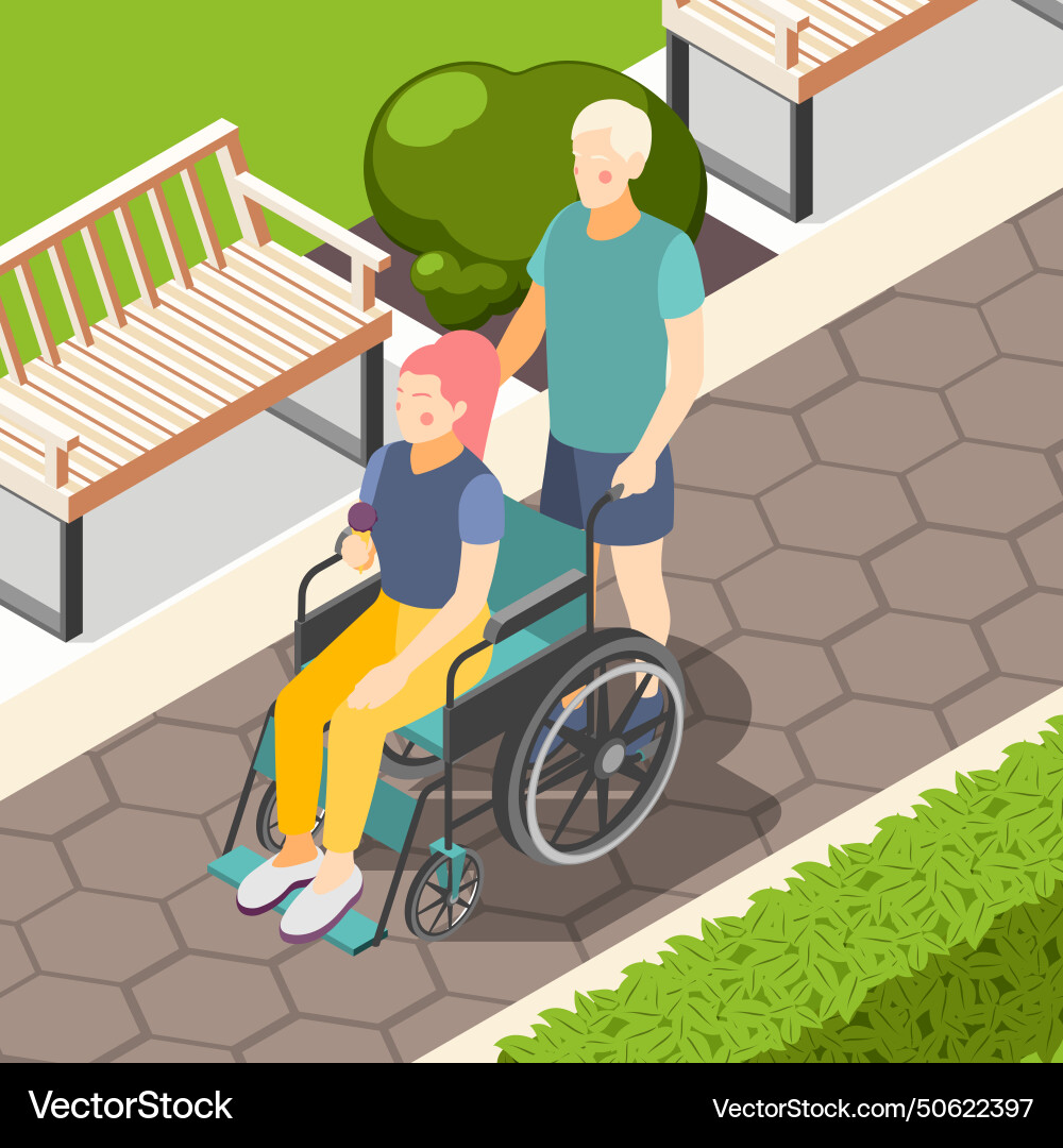 Disabled people isometric background Royalty Free Vector
