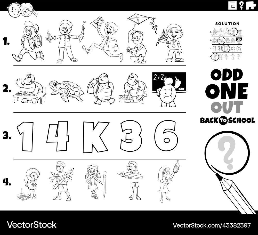 Odd one out task with cartoon characters coloring Vector Image
