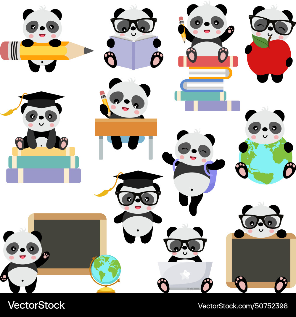 Set cute panda back to school Royalty Free Vector Image