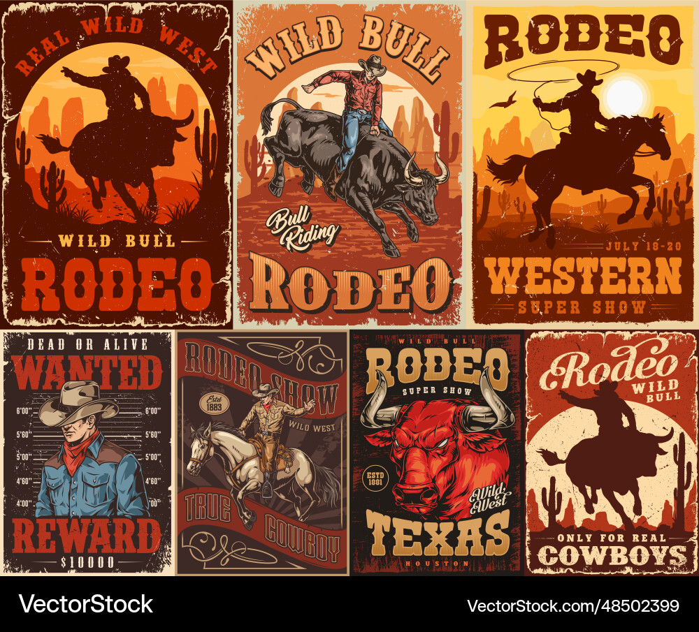 Western rodeo colorful set posters Royalty Free Vector Image