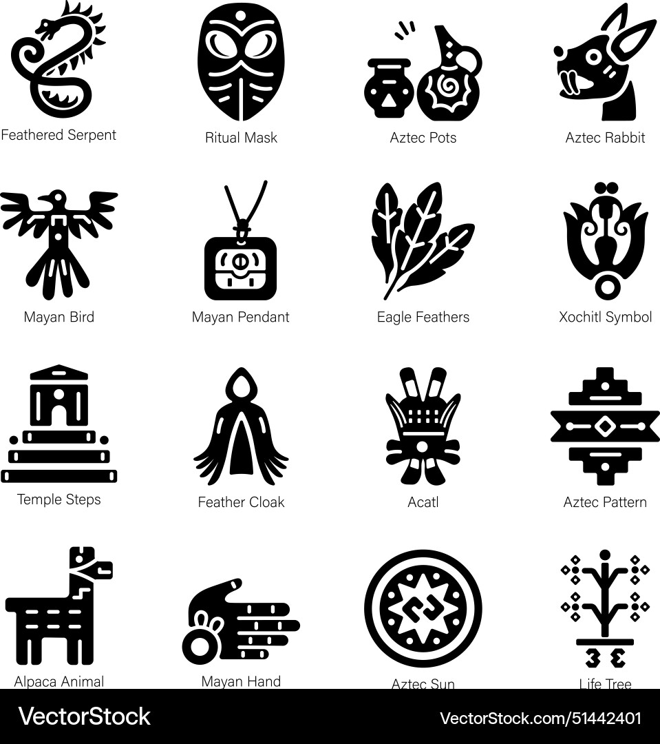 Handy pack of aztec mythology solid icons Vector Image