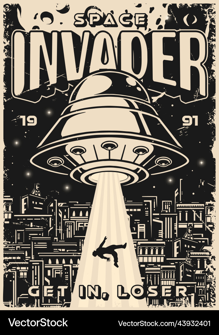Space invader monochrome vintage poster Royalty Free Vector