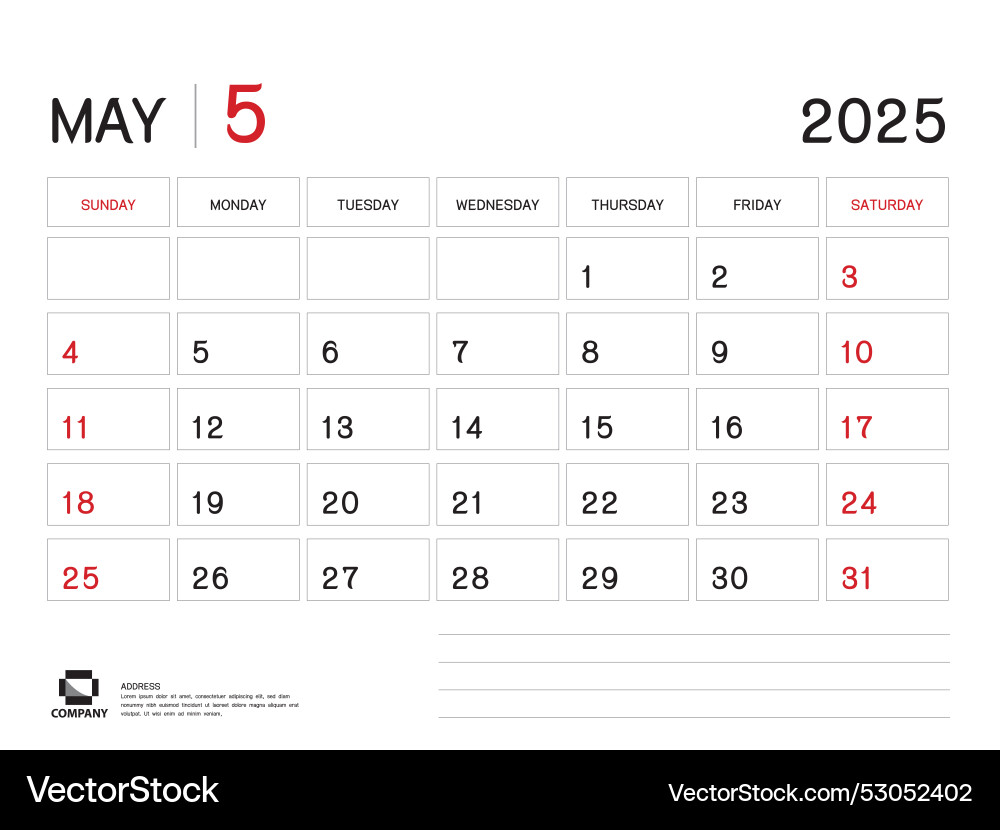 Calendar 2025 - may year planner Royalty Free Vector Image