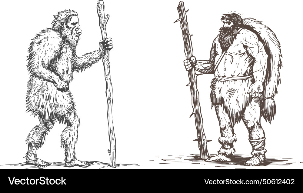 Single one line drawing stone age primitive man Vector Image