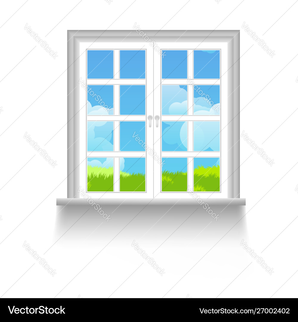 Window with sky clouds and grass outside Vector Image