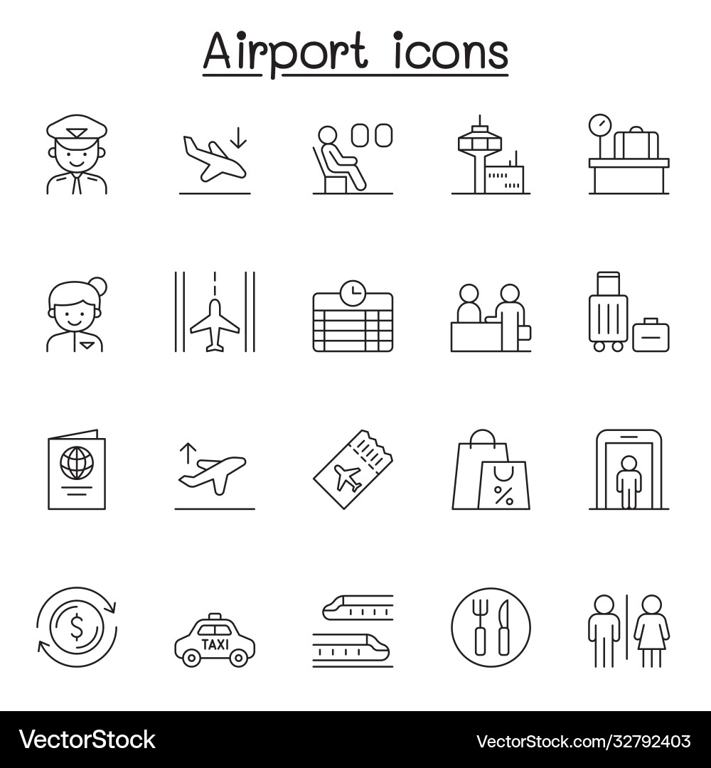 Airport icon set in thin line style Royalty Free Vector