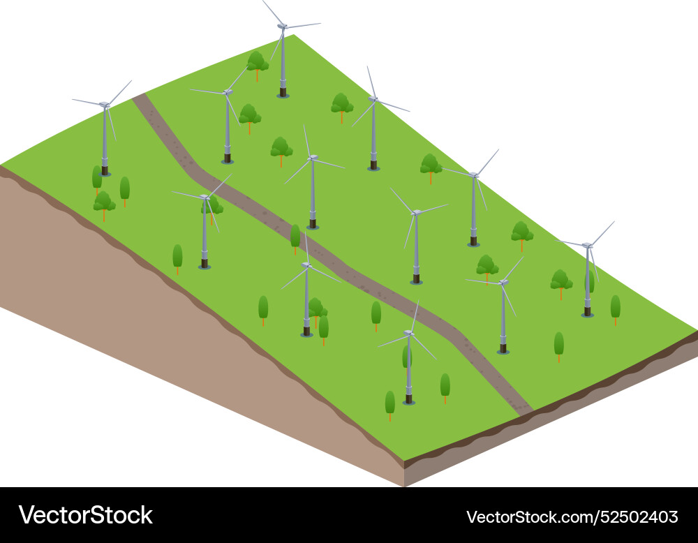 Isometric scene of wind turbines generating Vector Image
