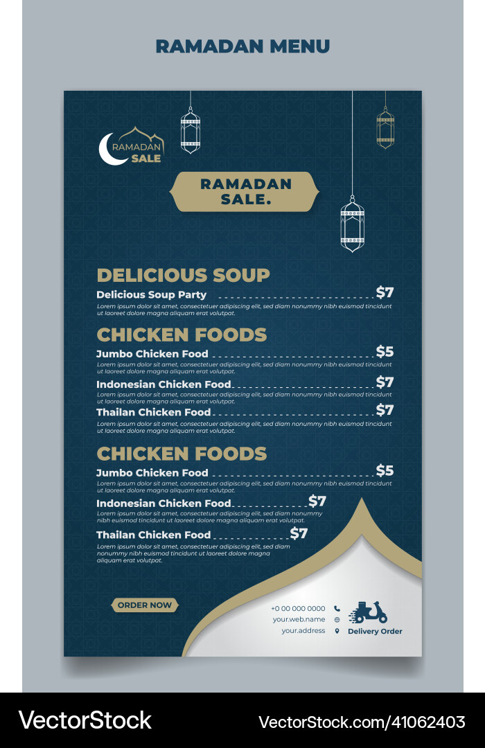 Ramadan menu template in blue islamic background Vector Image