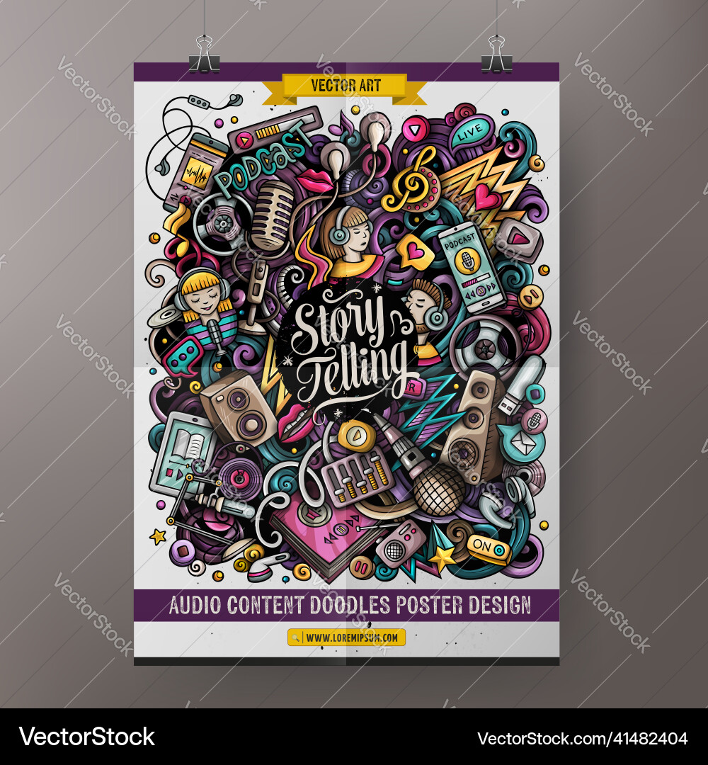 Cartoon doodle audio content poster template Vector Image