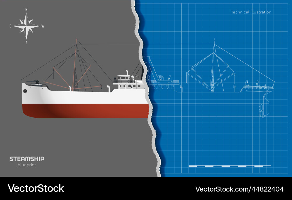 Steamer outline drawing 3d steamship blueprint Vector Image