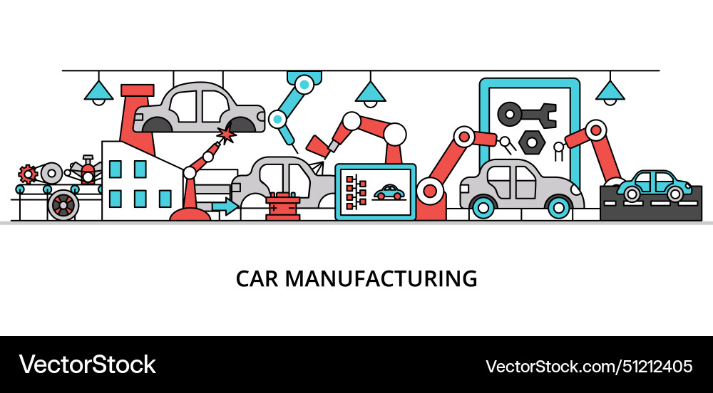 Car manufacturing concept flat line design Vector Image Car manufacturing concept flat line design Vector Image