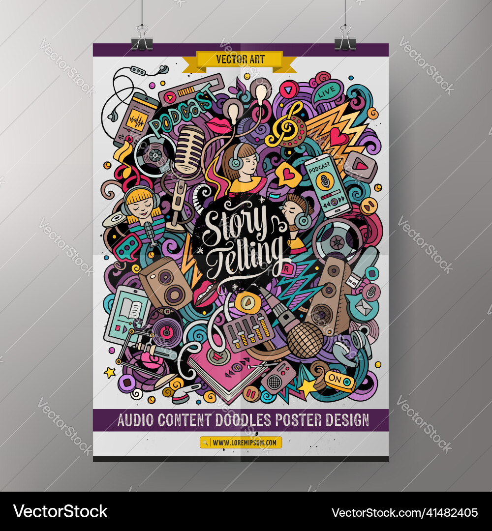 Cartoon doodle audio content poster template Vector Image