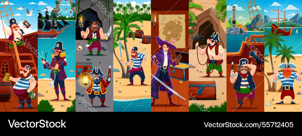 Cartoon pirate corsair characters on ship collage Vector Image