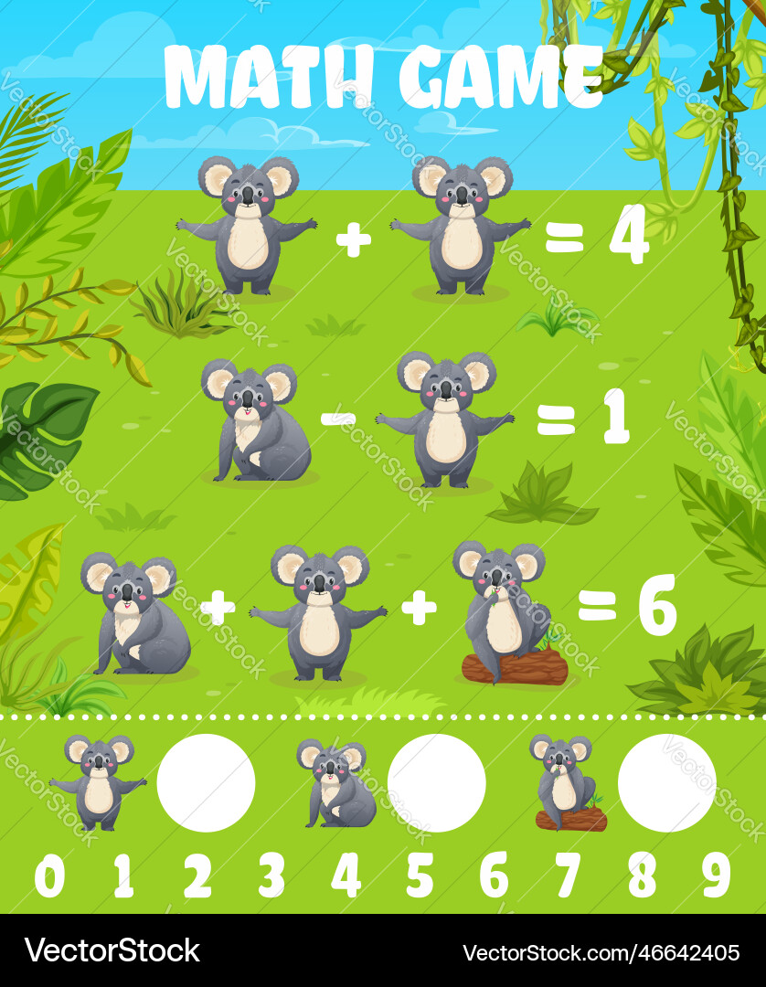 Funny koala bear characters math game worksheet Vector Image
