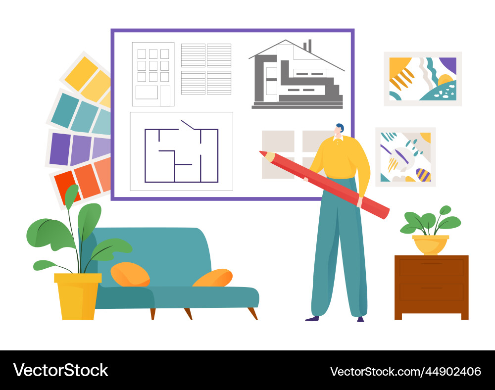 Male Tiny Character Interior Designer Hold Pencil Vector Image