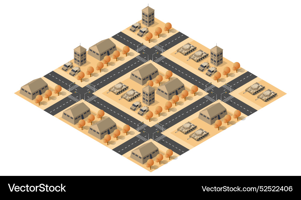 Military base isometric map showing tanks Vector Image