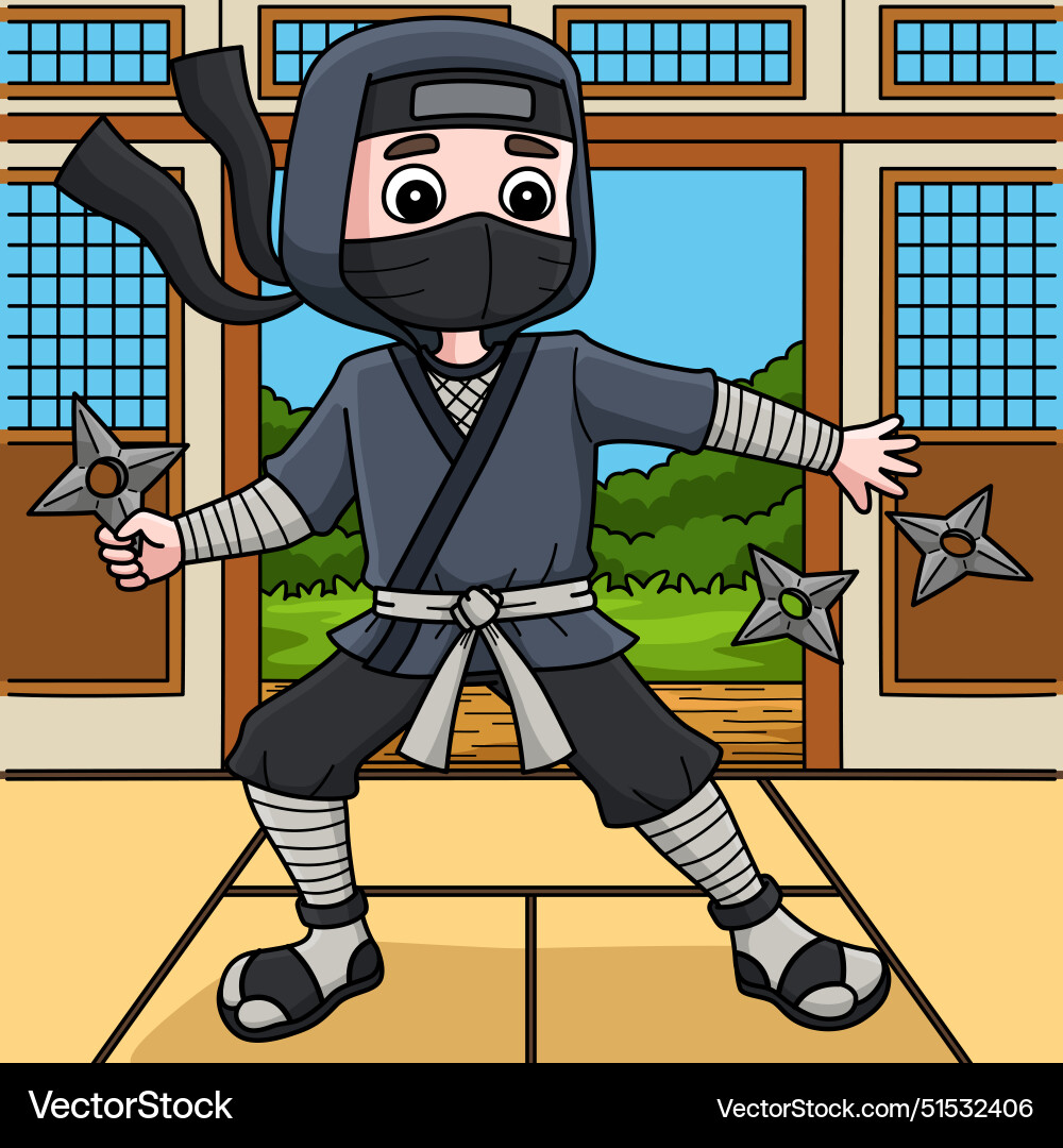 Ninja throwing a shuriken colored cartoon Vector Image
