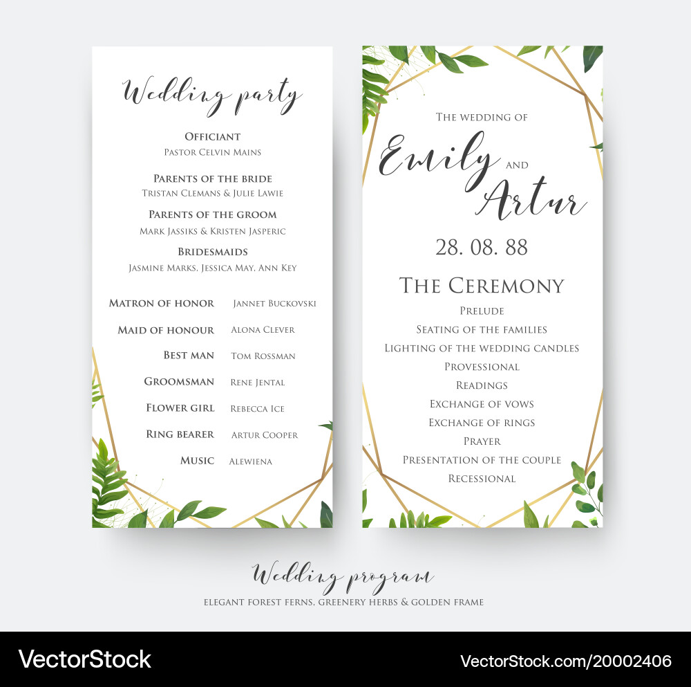 Wedding ceremony and party program card design Vector Image
