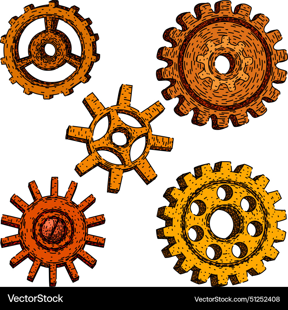Gears steampunk set sketch hand drawn Royalty Free Vector