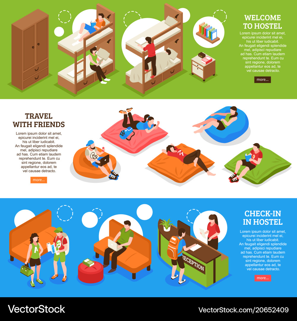 Hostel Banners - Isometric Style Royalty Free Vector Image