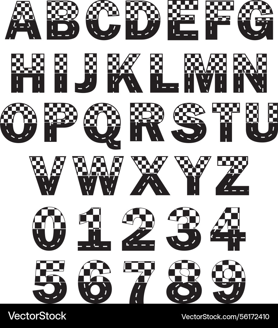 Checkered alphabet racing numbers race track Vector Image