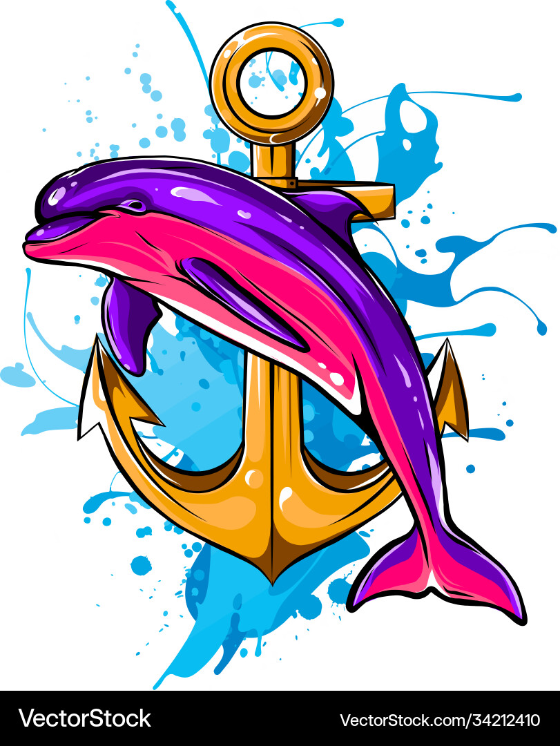 Dolphin around an anchor with a rope ancient Vector Image
