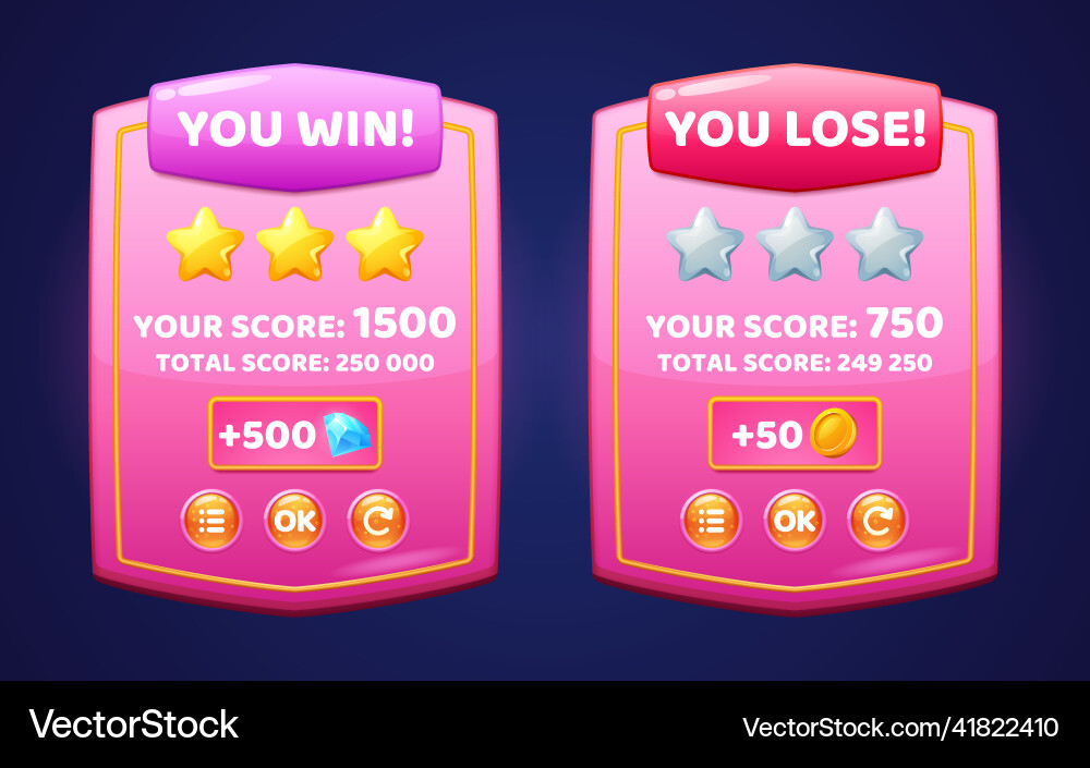 Game ui interface pink boards with win and lose Vector Image