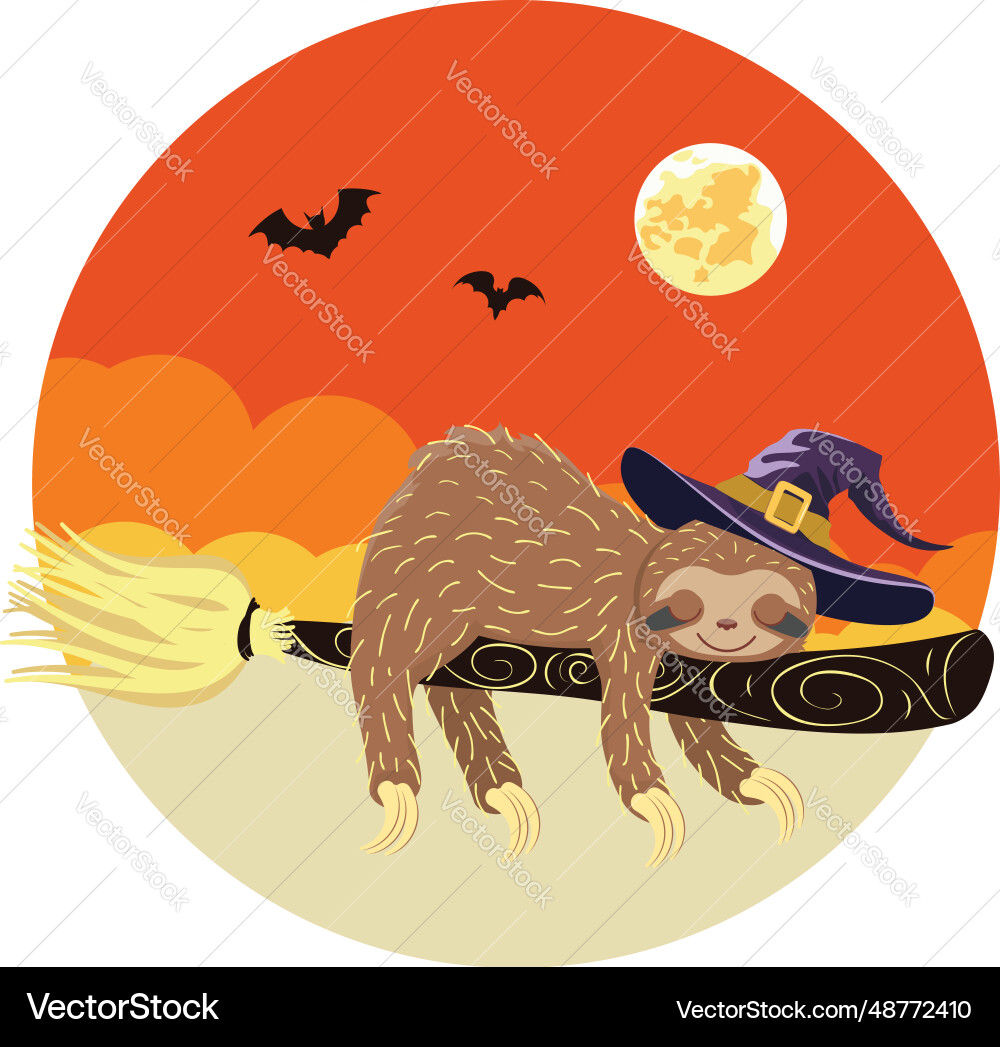 Sloth flying on witch broom Royalty Free Vector Image