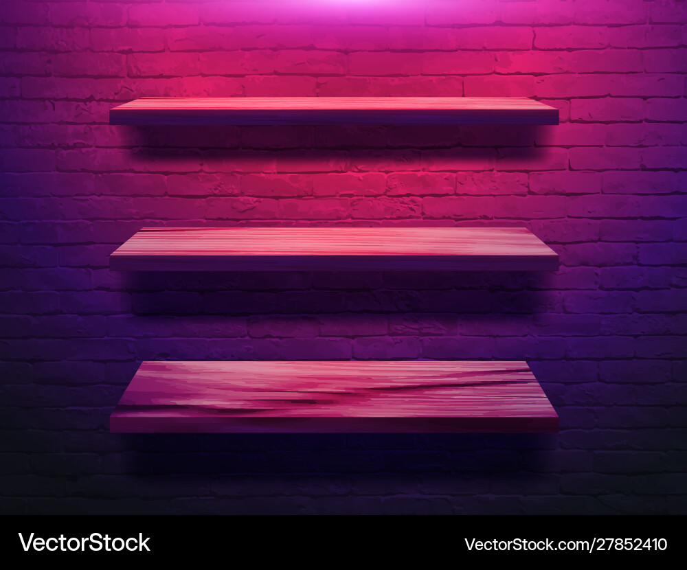 Wood shelf on brick wall background neon light Vector Image