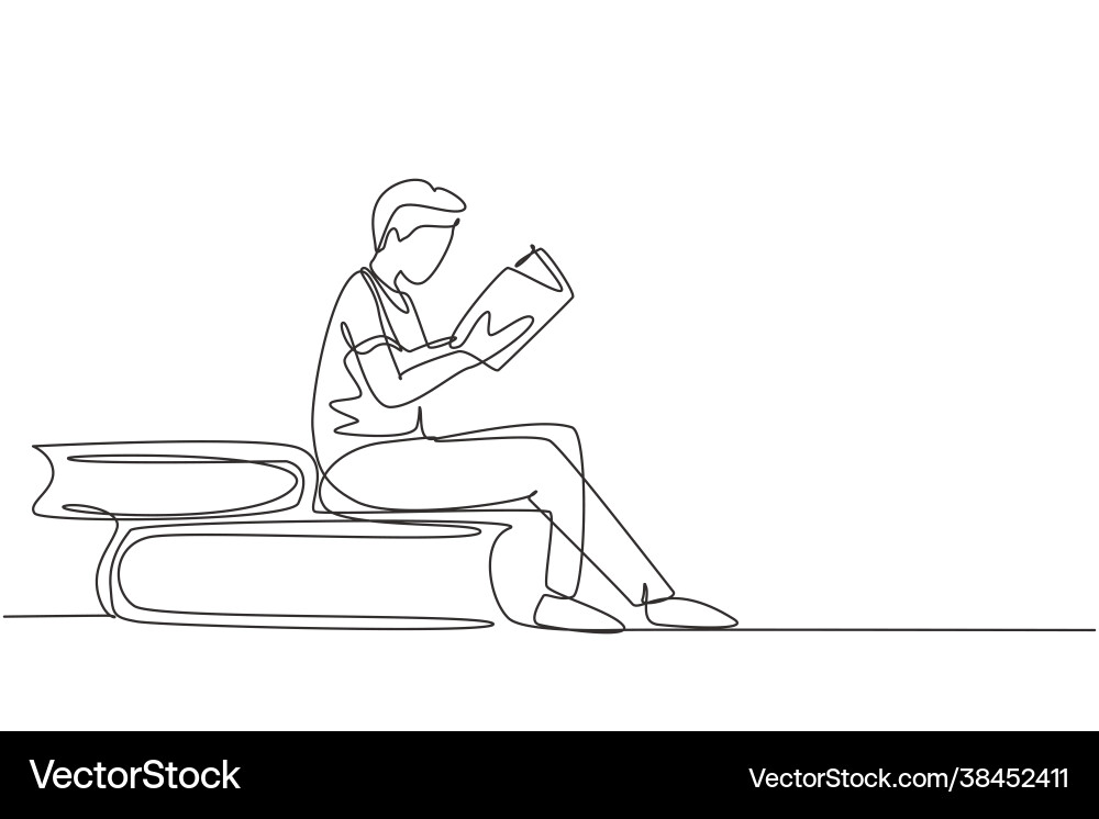 Continuous one line drawing young man reading Vector Image
