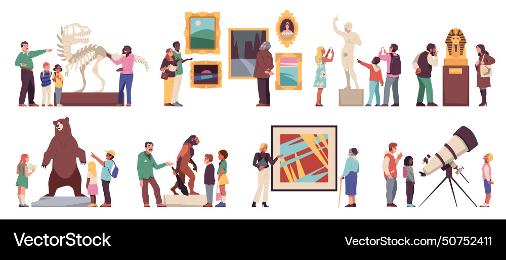 Museum visitors characters people looking ancient Vector Image