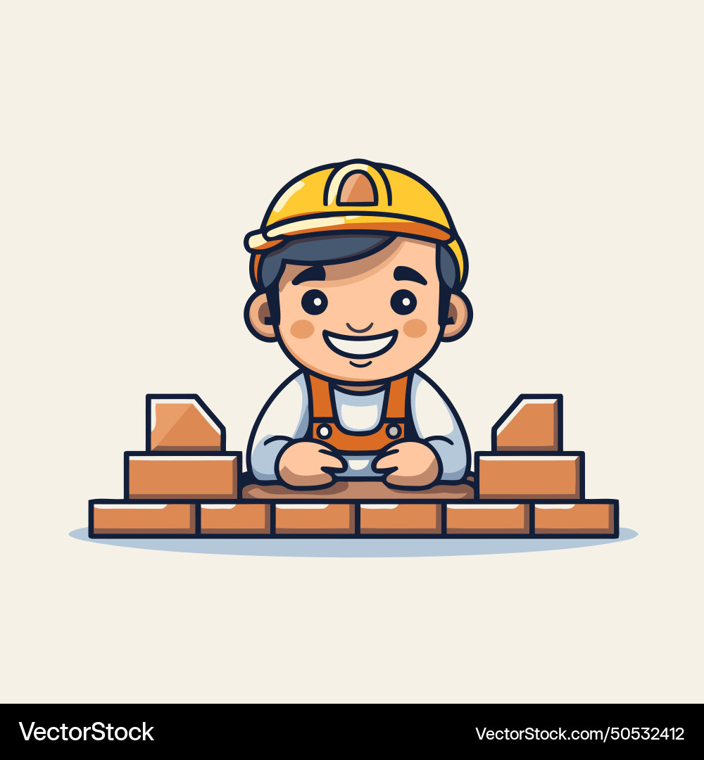 Cute builder boy building brick wall cartoon Vector Image